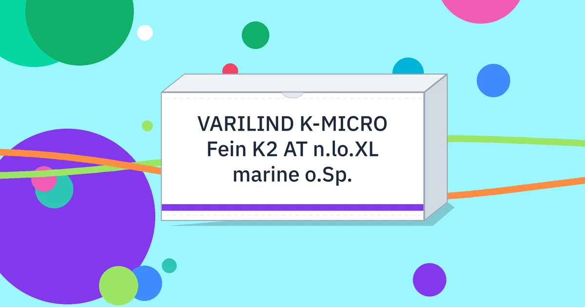 Symbolbild: Packung mit der Aufschrift VARILIND K-MICRO Fein K2 AT n.lo.XL marine o.Sp. (PZN 20553540) – Verfügbarkeit und Bezug in Apotheken in Frankfurt am Main