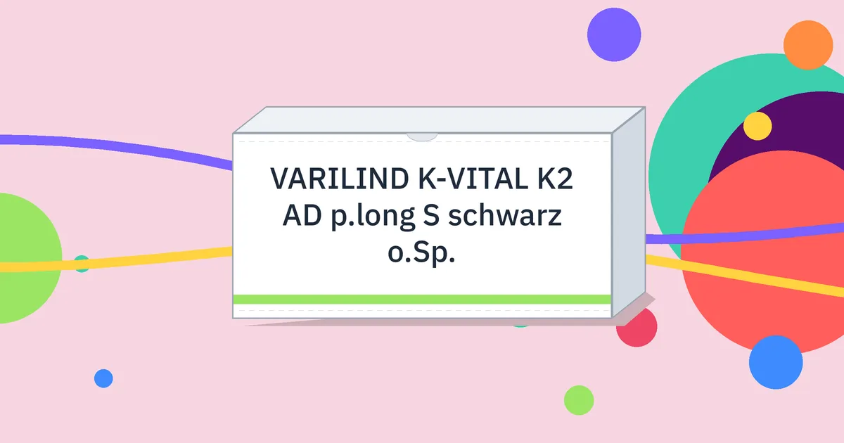 Symbolbild: Packung mit der Aufschrift VARILIND K-VITAL K2 AD p.long S schwarz o.Sp. (PZN 20568470) – Verfügbarkeit und Bezug in Apotheken in Frankfurt am Main