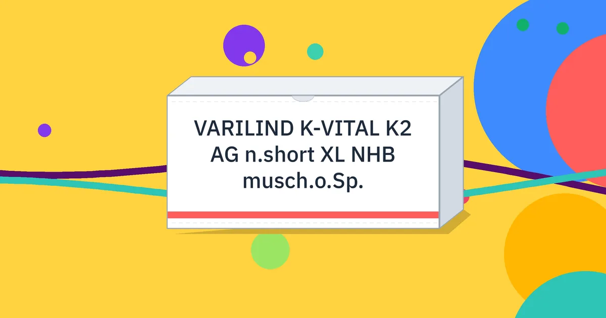 Symbolbild: Packung mit der Aufschrift VARILIND K-VITAL K2 AG n.short XL NHB musch.o.Sp. (PZN 20565649) – Verfügbarkeit und Bezug in Apotheken in Frankfurt am Main