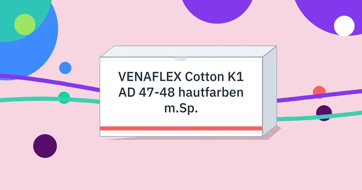 Symbolbild: Packung mit der Aufschrift VENAFLEX Cotton K1 AD 47-48 hautfarben m.Sp. (PZN 18308974) – Verfügbarkeit und Bezug in Apotheken in Frankfurt am Main