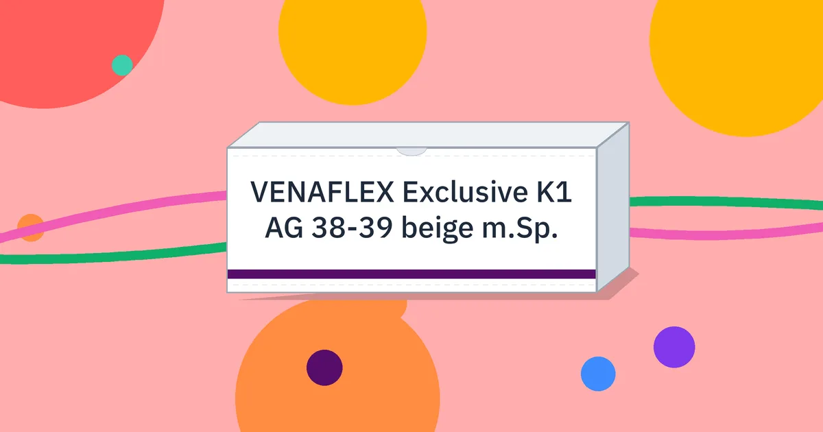 Symbolbild: Packung mit der Aufschrift VENAFLEX Exclusive K1 AG 38-39 beige m.Sp. (PZN 18309117) – Verfügbarkeit und Bezug in Apotheken in Frankfurt am Main