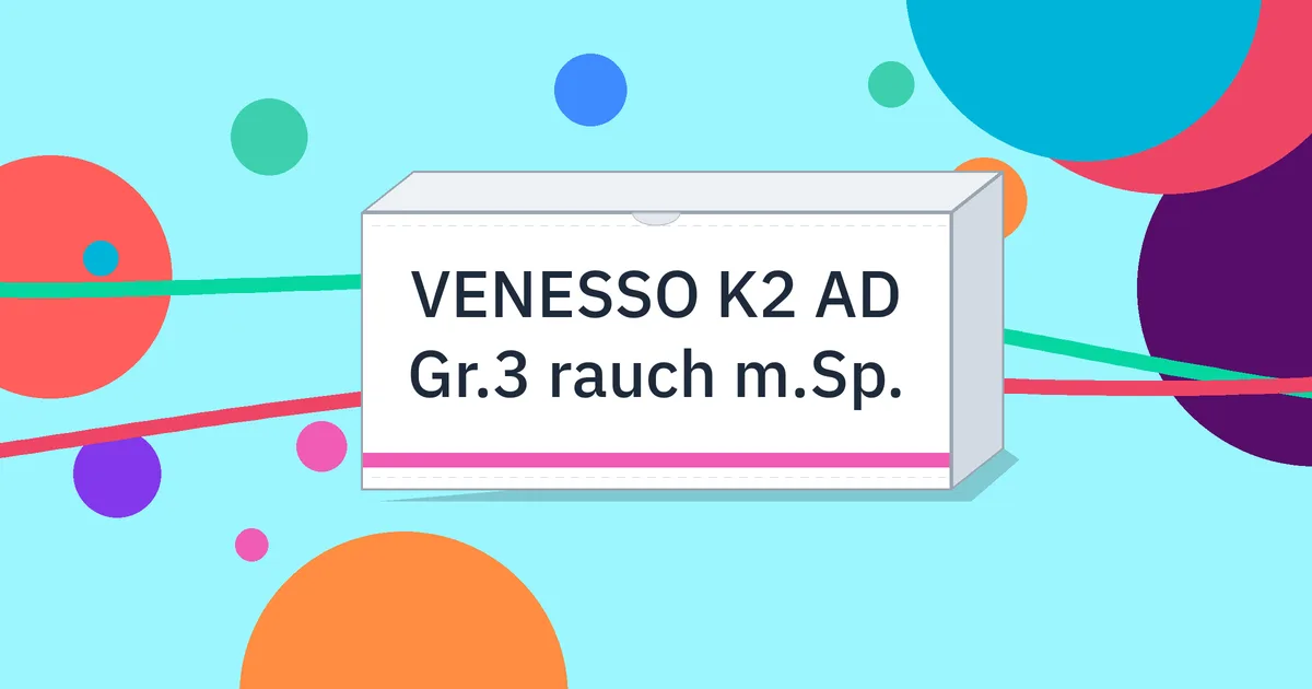 Symbolbild: Packung mit der Aufschrift VENESSO K2 AD Gr.3 rauch m.Sp. (PZN 03256912) – Verfügbarkeit und Bezug in Apotheken in Frankfurt am Main