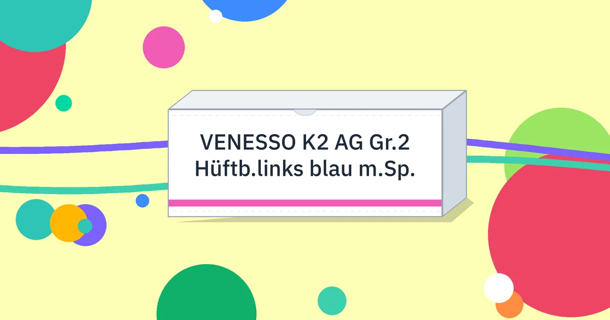 Symbolbild: Packung mit der Aufschrift VENESSO K2 AG Gr.2 Hüftb.links blau m.Sp. (PZN 03266603) – Verfügbarkeit und Bezug in Apotheken in Frankfurt am Main