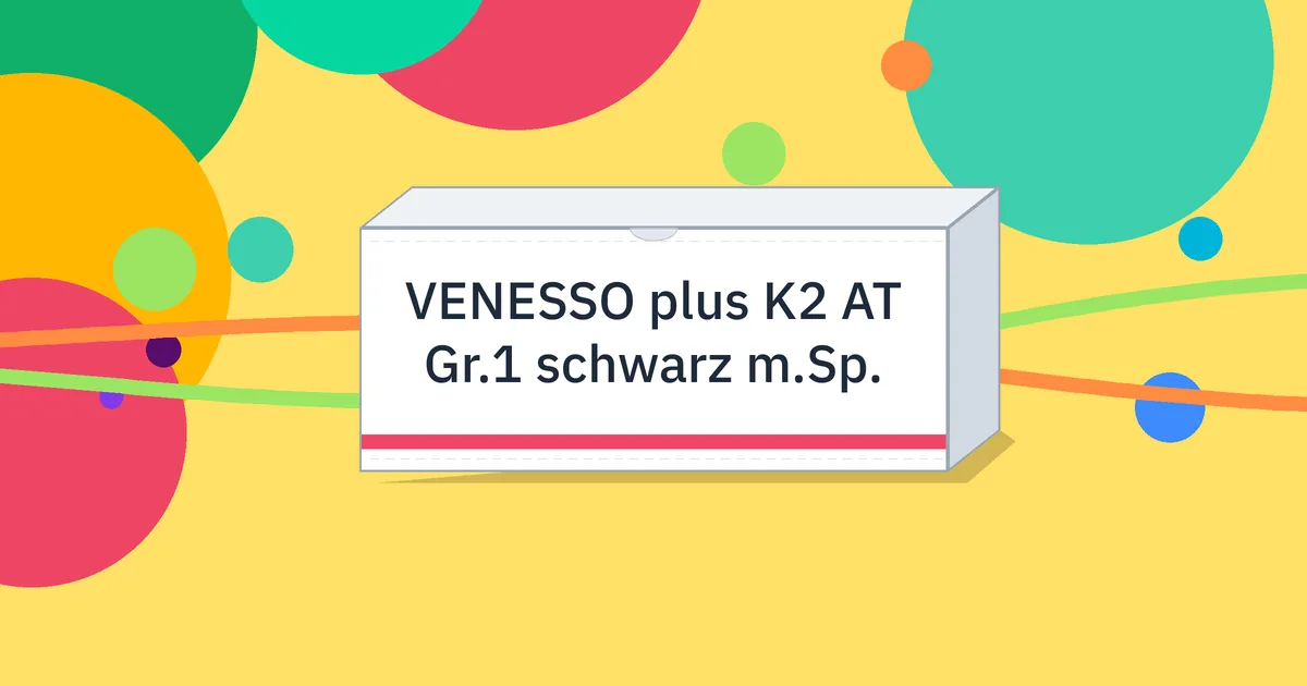 Symbolbild: Packung mit der Aufschrift VENESSO plus K2 AT Gr.1 schwarz m.Sp. (PZN 03287404) – Verfügbarkeit und Bezug in Apotheken in Frankfurt am Main