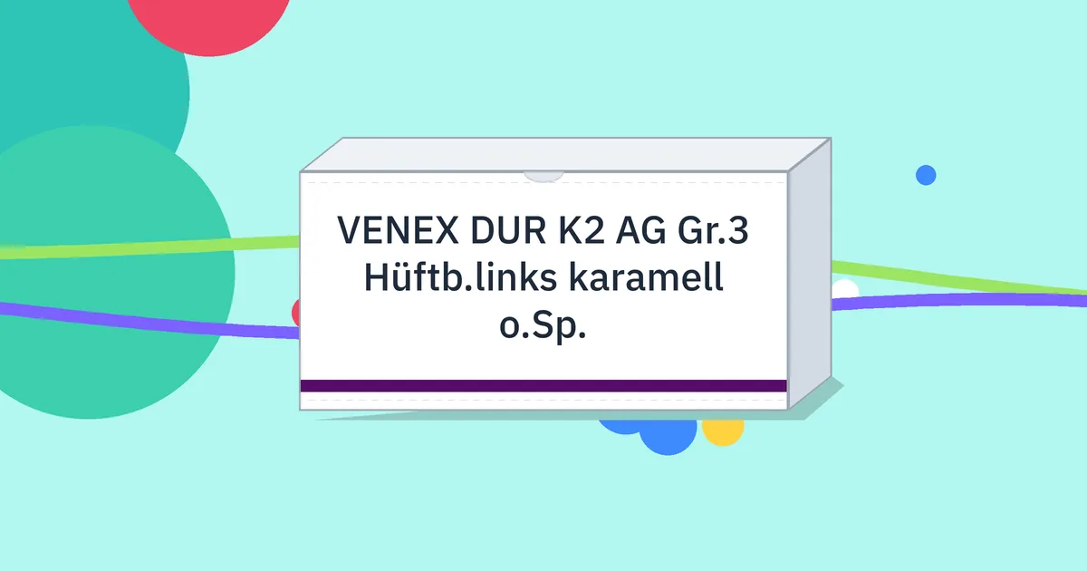Symbolbild: Packung mit der Aufschrift VENEX DUR K2 AG Gr.3 Hüftb.links karamell o.Sp. (PZN 13761427) – Verfügbarkeit und Bezug in Apotheken in Frankfurt am Main