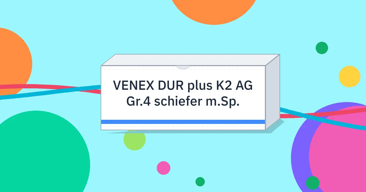 Symbolbild: Packung mit der Aufschrift VENEX DUR plus K2 AG Gr.4 schiefer m.Sp. (PZN 03235519) – Verfügbarkeit und Bezug in Apotheken in Frankfurt am Main