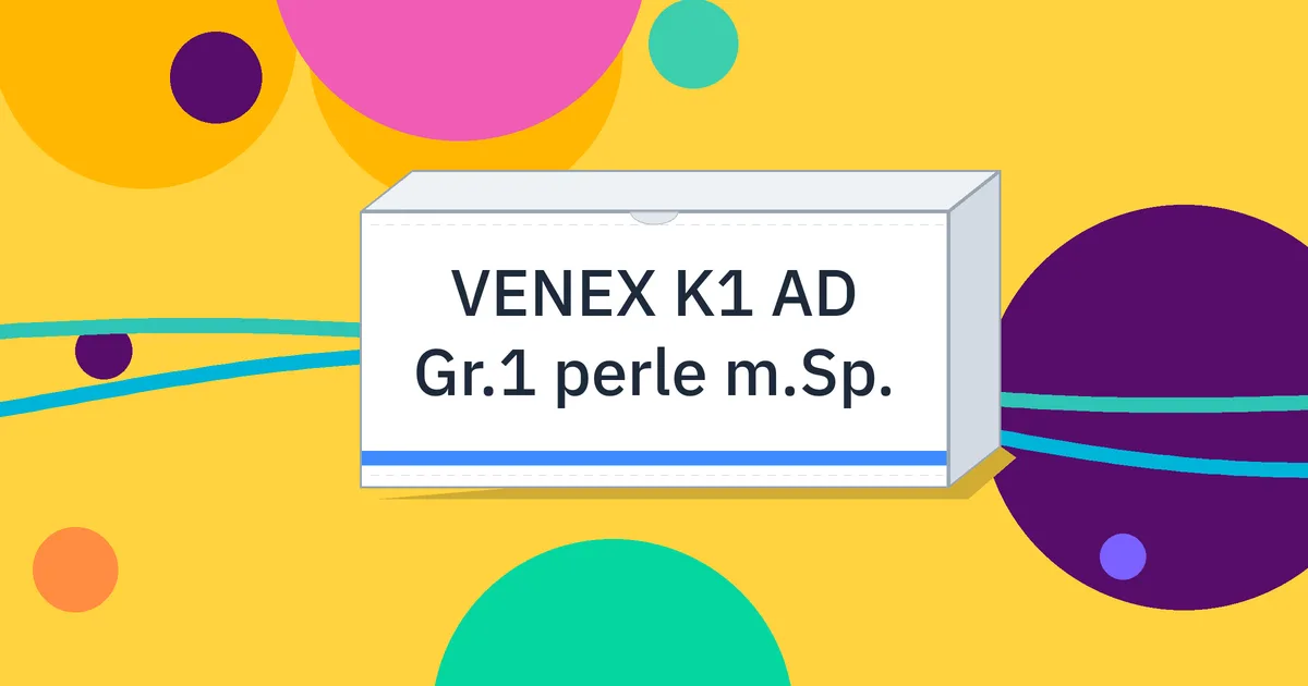 Symbolbild: Packung mit der Aufschrift VENEX K1 AD Gr.1 perle m.Sp. (PZN 03183716) – Verfügbarkeit und Bezug in Apotheken in Frankfurt am Main