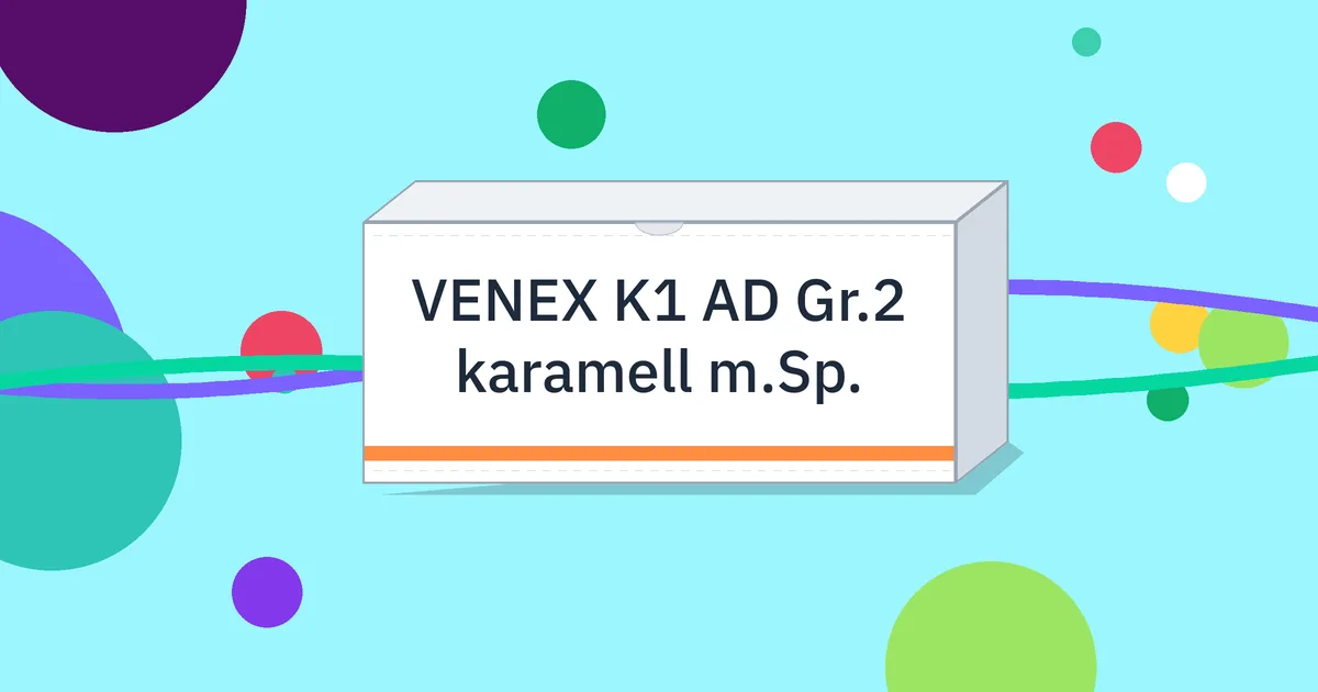 Symbolbild: Packung mit der Aufschrift VENEX K1 AD Gr.2 karamell m.Sp. (PZN 13757242) – Verfügbarkeit und Bezug in Apotheken in Frankfurt am Main