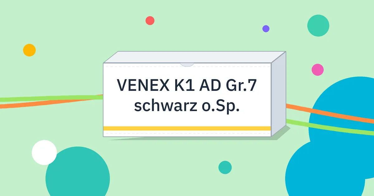 Symbolbild: Packung mit der Aufschrift VENEX K1 AD Gr.7 schwarz o.Sp. (PZN 03186376) – Verfügbarkeit und Bezug in Apotheken in Frankfurt am Main