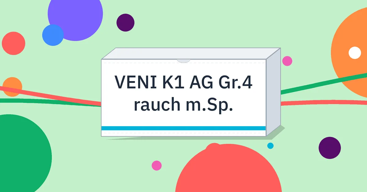 Symbolbild: Packung mit der Aufschrift VENI K1 AG Gr.4 rauch m.Sp. (PZN 08677251) – Verfügbarkeit und Bezug in Apotheken in Frankfurt am Main