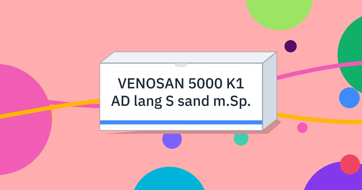 Symbolbild: Packung mit der Aufschrift VENOSAN 5000 K1 AD lang S sand m.Sp. (PZN 14428049) – Verfügbarkeit und Bezug in Apotheken in Frankfurt am Main