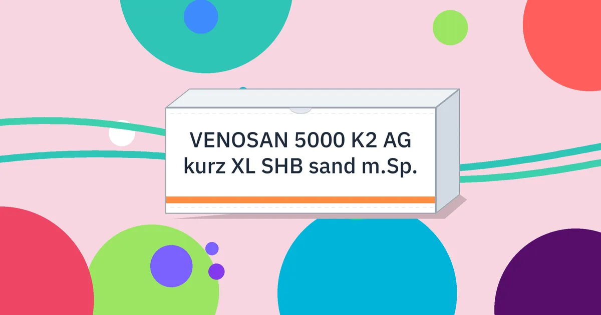 Symbolbild: Packung mit der Aufschrift VENOSAN 5000 K2 AG kurz XL SHB sand m.Sp. (PZN 14428948) – Verfügbarkeit und Bezug in Apotheken in Frankfurt am Main