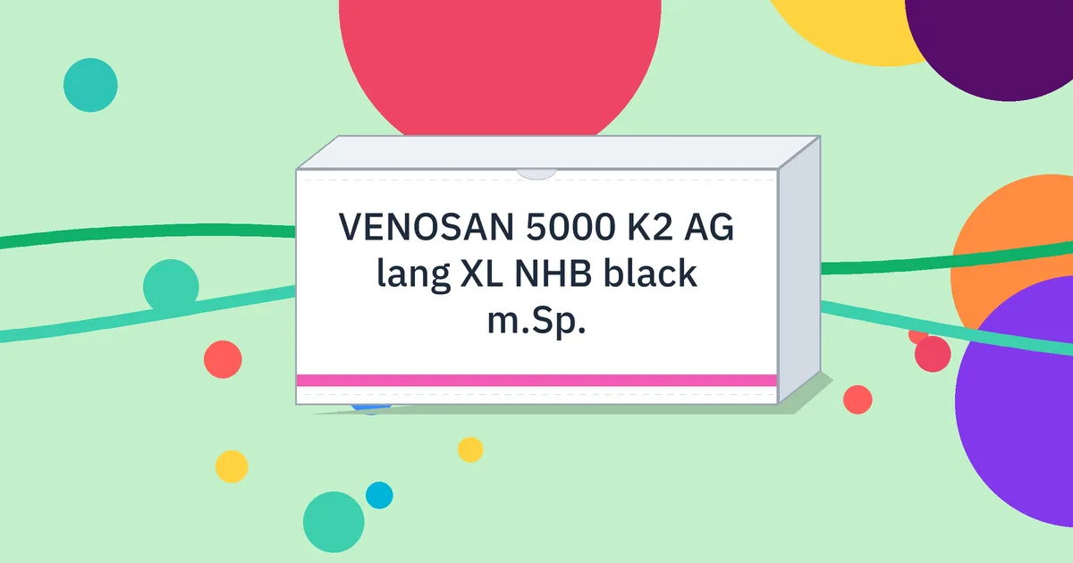 Symbolbild: Packung mit der Aufschrift VENOSAN 5000 K2 AG lang XL NHB black m.Sp. (PZN 14433688) – Verfügbarkeit und Bezug in Apotheken in Frankfurt am Main