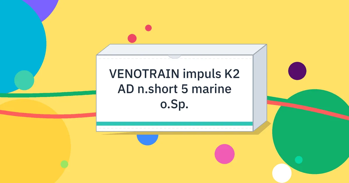 Symbolbild: Packung mit der Aufschrift VENOTRAIN impuls K2 AD n.short 5 marine o.Sp. (PZN 15221379) – Verfügbarkeit und Bezug in Apotheken in Frankfurt am Main