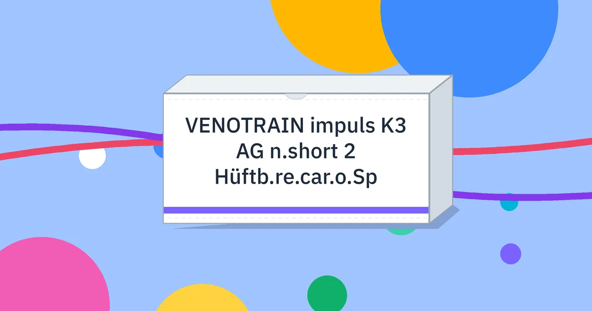 Symbolbild: Packung mit der Aufschrift VENOTRAIN impuls K3 AG n.short 2 Hüftb.re.car.o.Sp (PZN 08422769) – Verfügbarkeit und Bezug in Apotheken in Frankfurt am Main