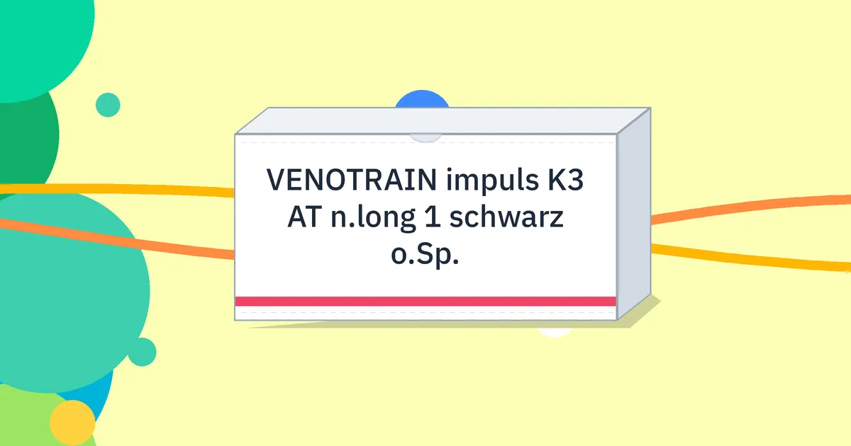 Symbolbild: Packung mit der Aufschrift VENOTRAIN impuls K3 AT n.long 1 schwarz o.Sp. (PZN 19356478) – Verfügbarkeit und Bezug in Apotheken in Frankfurt am Main