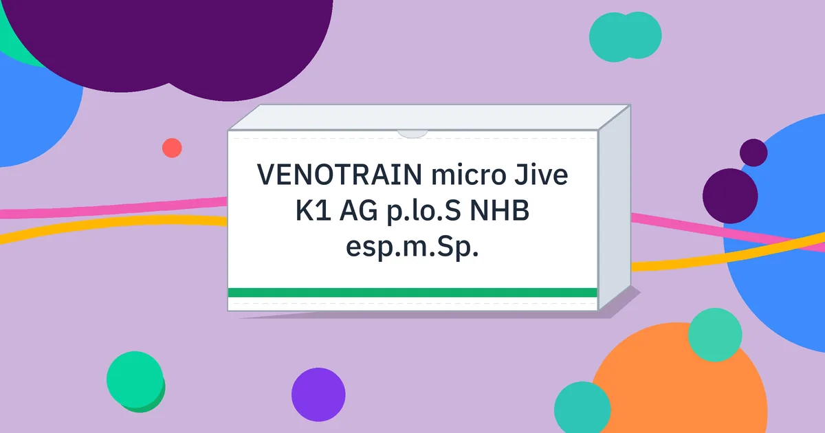 Symbolbild: Packung mit der Aufschrift VENOTRAIN micro Jive K1 AG p.lo.S NHB esp.m.Sp. (PZN 17765830) – Verfügbarkeit und Bezug in Apotheken in Frankfurt am Main
