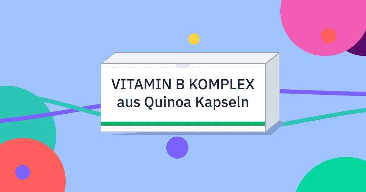 Symbolbild: Packung mit der Aufschrift VITAMIN B KOMPLEX aus Quinoa Kapseln (PZN 15233537) – Verfügbarkeit und Bezug in Apotheken in Frankfurt am Main