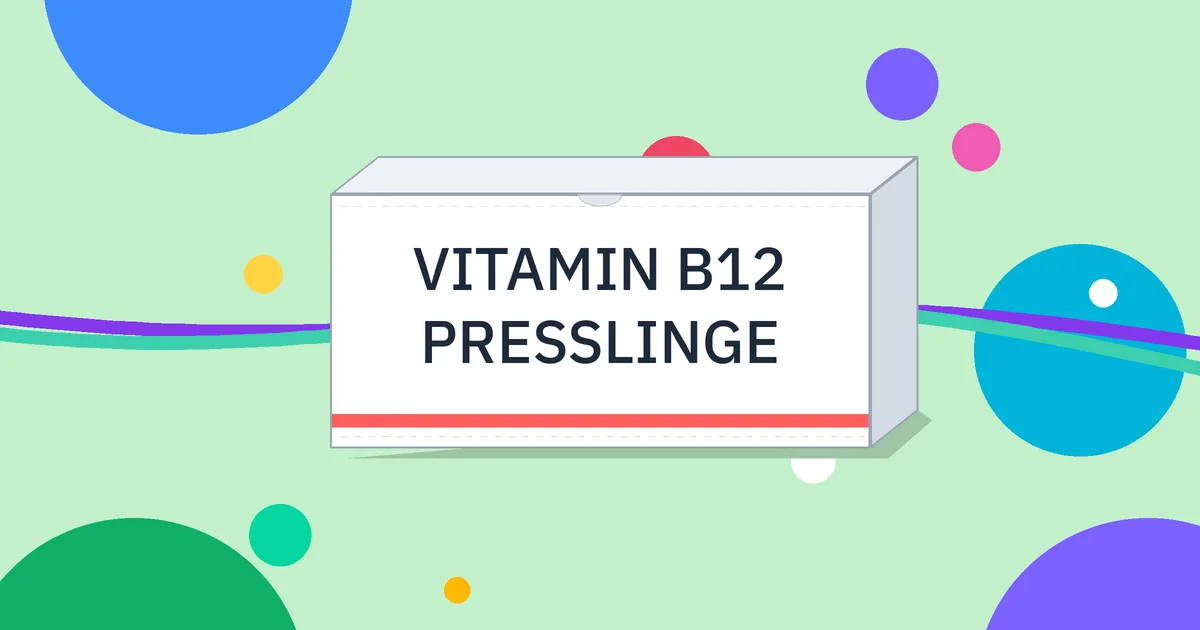 Symbolbild: Packung mit der Aufschrift VITAMIN B12 PRESSLINGE (PZN 18427621) – Verfügbarkeit und Bezug in Apotheken in Frankfurt am Main