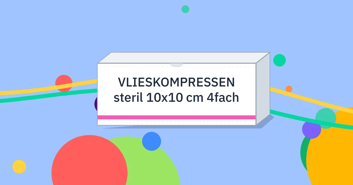 Symbolbild: Packung mit der Aufschrift VLIESKOMPRESSEN steril 10x10 cm 4fach (PZN 04793807) – Verfügbarkeit und Bezug in Apotheken in Frankfurt am Main