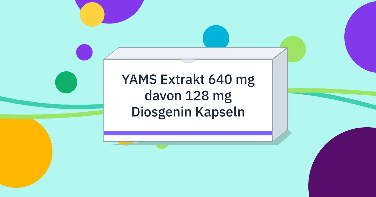 Symbolbild: Packung mit der Aufschrift YAMS Extrakt 640 mg davon 128 mg Diosgenin Kapseln (PZN 15738438) – Verfügbarkeit und Bezug in Apotheken in Frankfurt am Main
