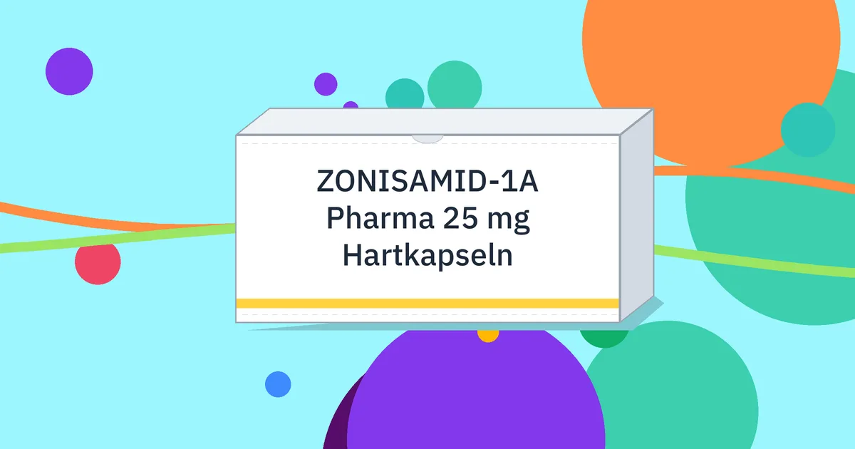 Symbolbild: Packung mit der Aufschrift ZONISAMID-1A Pharma 25 mg Hartkapseln (PZN 11725108) – Verfügbarkeit und Bezug in Apotheken in Frankfurt am Main