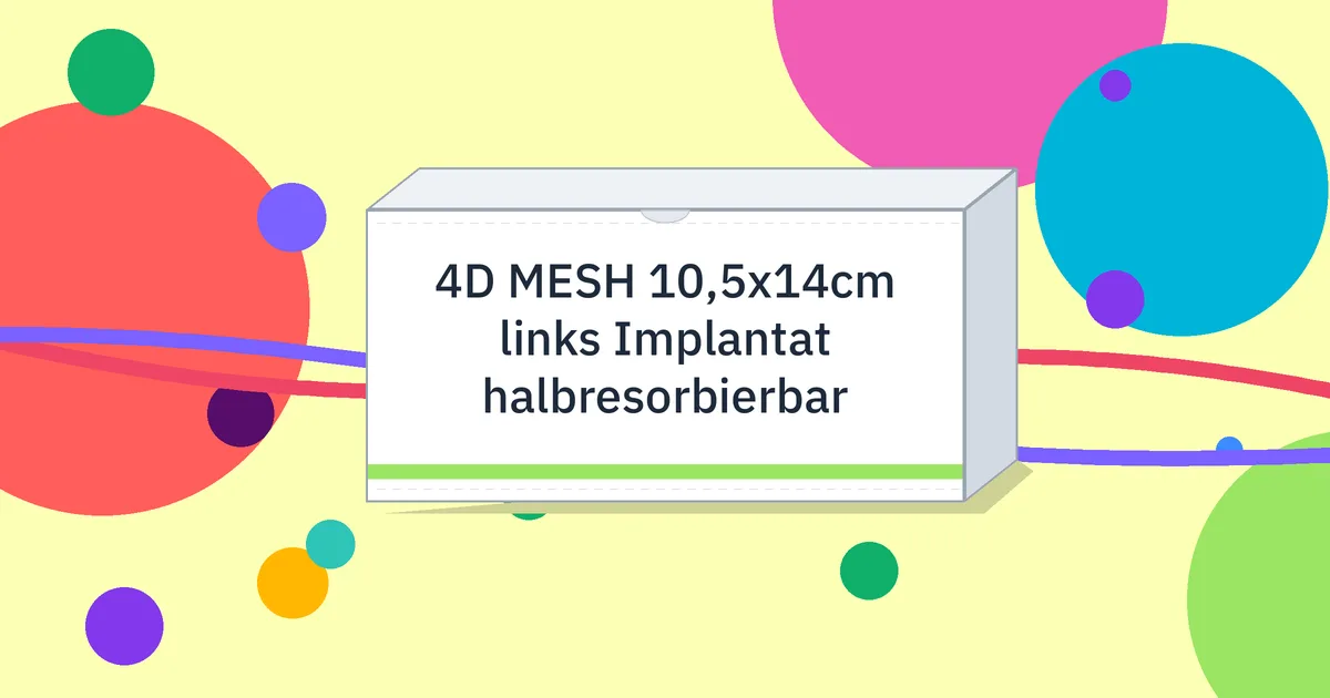 Symbolbild: Packung mit der Aufschrift 4D MESH 10,5x14cm links Implantat halbresorbierbar (PZN 19504393) – Verfügbarkeit und Bezug in Apotheken in Frankfurt am Main