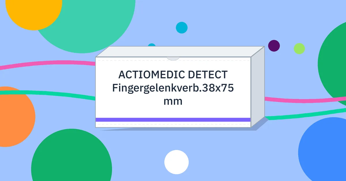 Symbolbild: Packung mit der Aufschrift ACTIOMEDIC DETECT Fingergelenkverb.38x75 mm (PZN 12492066) – Verfügbarkeit und Bezug in Apotheken in Frankfurt am Main