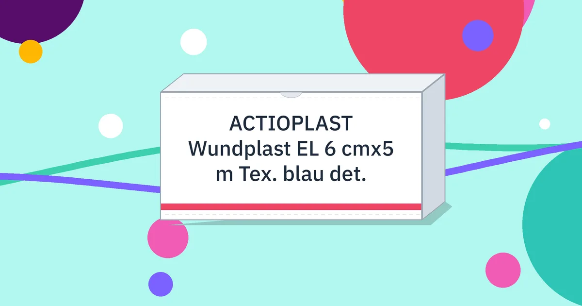 Symbolbild: Packung mit der Aufschrift ACTIOPLAST Wundplast EL 6 cmx5 m Tex. blau det. (PZN 05392677) – Verfügbarkeit und Bezug in Apotheken in Frankfurt am Main