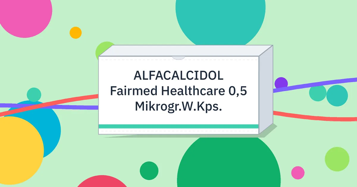 Symbolbild: Packung mit der Aufschrift ALFACALCIDOL Fairmed Healthcare 0,5 Mikrogr.W.Kps. (PZN 16564348) – Verfügbarkeit und Bezug in Apotheken in Frankfurt am Main