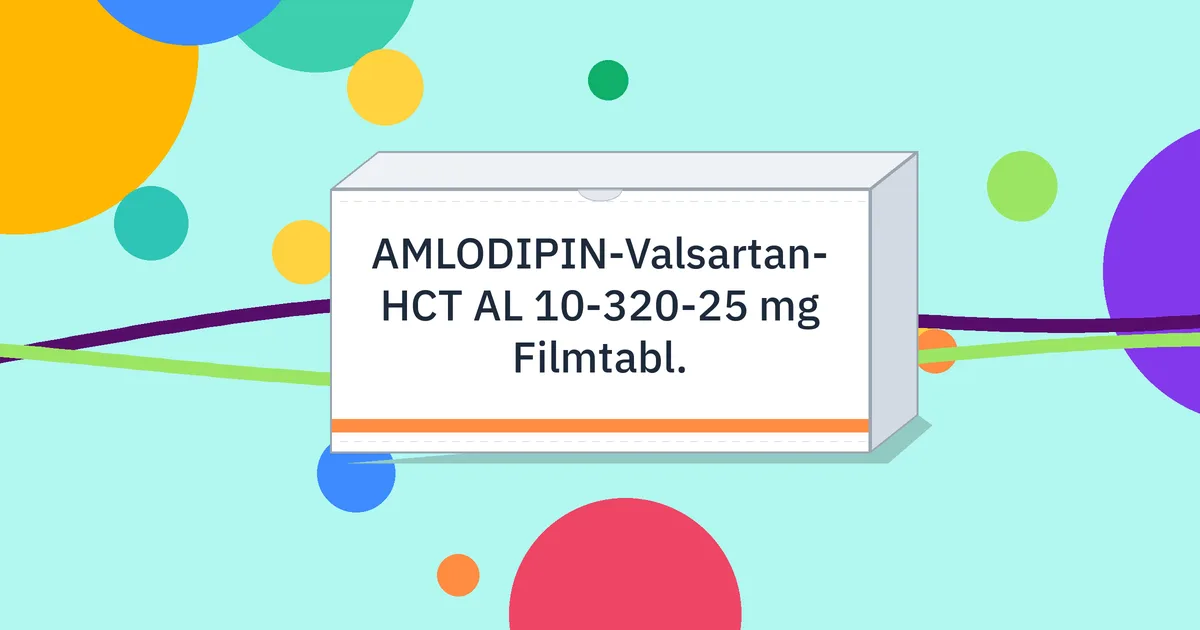 Symbolbild: Packung mit der Aufschrift AMLODIPIN-Valsartan-HCT AL 10-320-25 mg Filmtabl. (PZN 15437168) – Verfügbarkeit und Bezug in Apotheken in Frankfurt am Main
