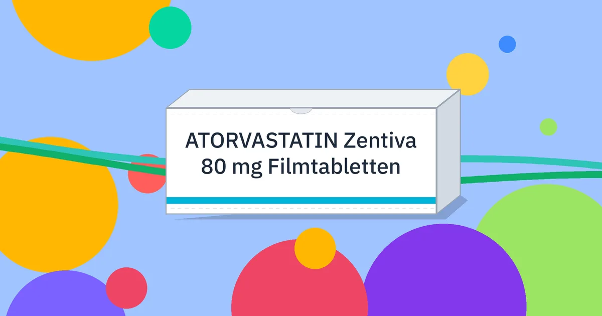 Symbolbild: Packung mit der Aufschrift ATORVASTATIN Zentiva 80 mg Filmtabletten (PZN 15784562) – Verfügbarkeit und Bezug in Apotheken in Frankfurt am Main
