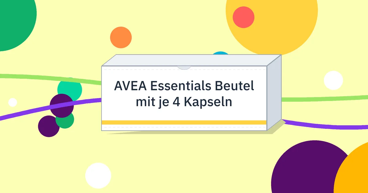 Symbolbild: Packung mit der Aufschrift AVEA Essentials Beutel mit je 4 Kapseln (PZN 19792541) – Verfügbarkeit und Bezug in Apotheken in Frankfurt am Main
