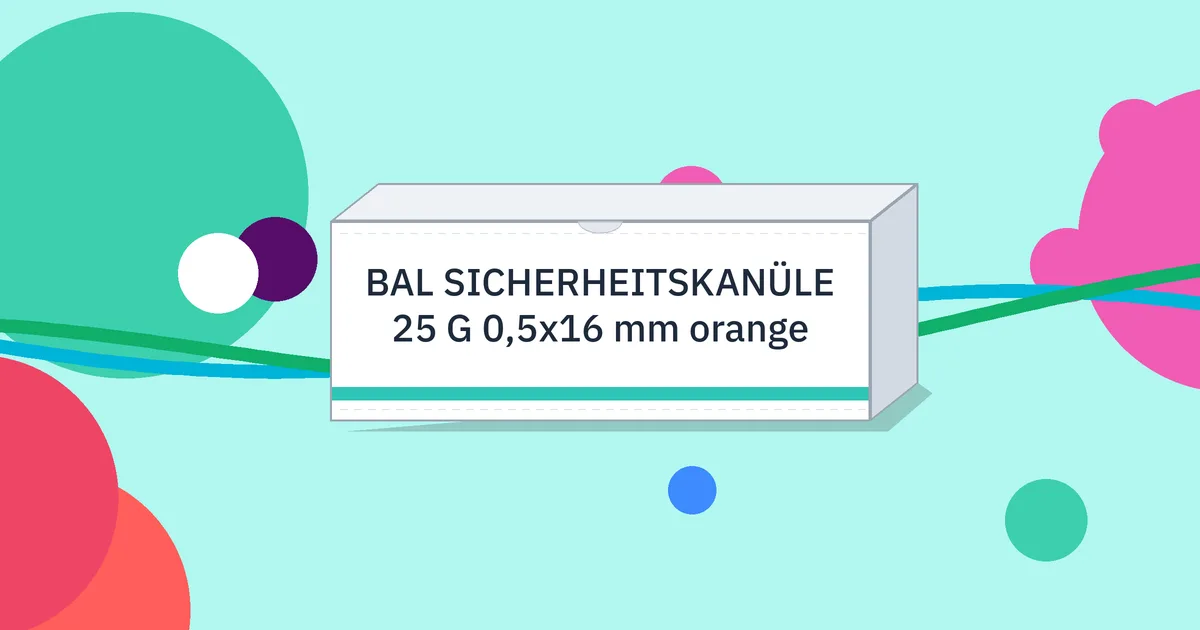 Symbolbild: Packung mit der Aufschrift BAL SICHERHEITSKANÜLE 25 G 0,5x16 mm orange (PZN 19124420) – Verfügbarkeit und Bezug in Apotheken in Frankfurt am Main