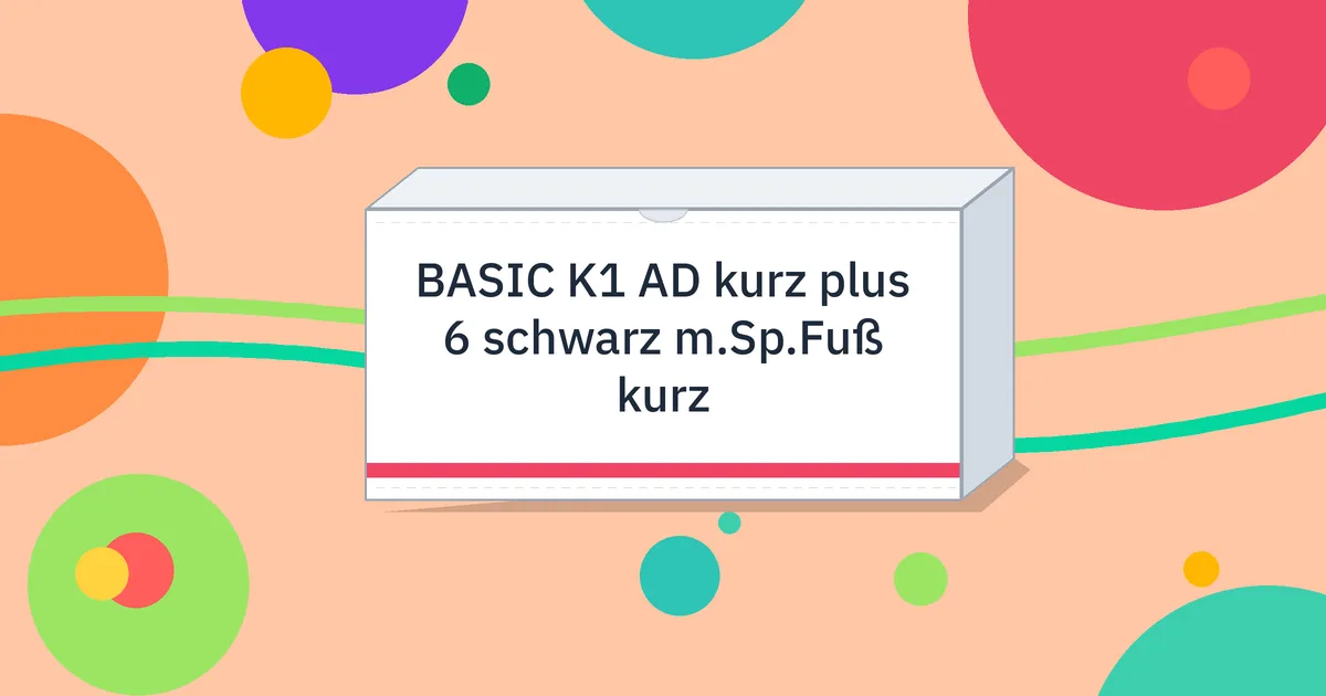 Symbolbild: Packung mit der Aufschrift BASIC K1 AD kurz plus 6 schwarz m.Sp.Fuß kurz (PZN 20259154) – Verfügbarkeit und Bezug in Apotheken in Frankfurt am Main