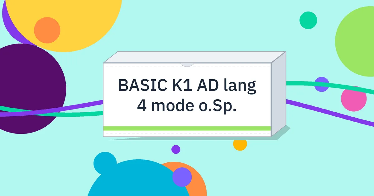 Symbolbild: Packung mit der Aufschrift BASIC K1 AD lang 4 mode o.Sp. (PZN 20258456) – Verfügbarkeit und Bezug in Apotheken in Frankfurt am Main