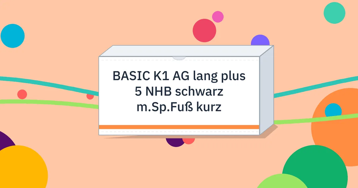 Symbolbild: Packung mit der Aufschrift BASIC K1 AG lang plus 5 NHB schwarz m.Sp.Fuß kurz (PZN 20261263) – Verfügbarkeit und Bezug in Apotheken in Frankfurt am Main