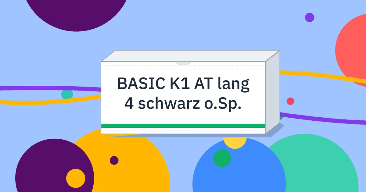 Symbolbild: Packung mit der Aufschrift BASIC K1 AT lang 4 schwarz o.Sp. (PZN 20262736) – Verfügbarkeit und Bezug in Apotheken in Frankfurt am Main