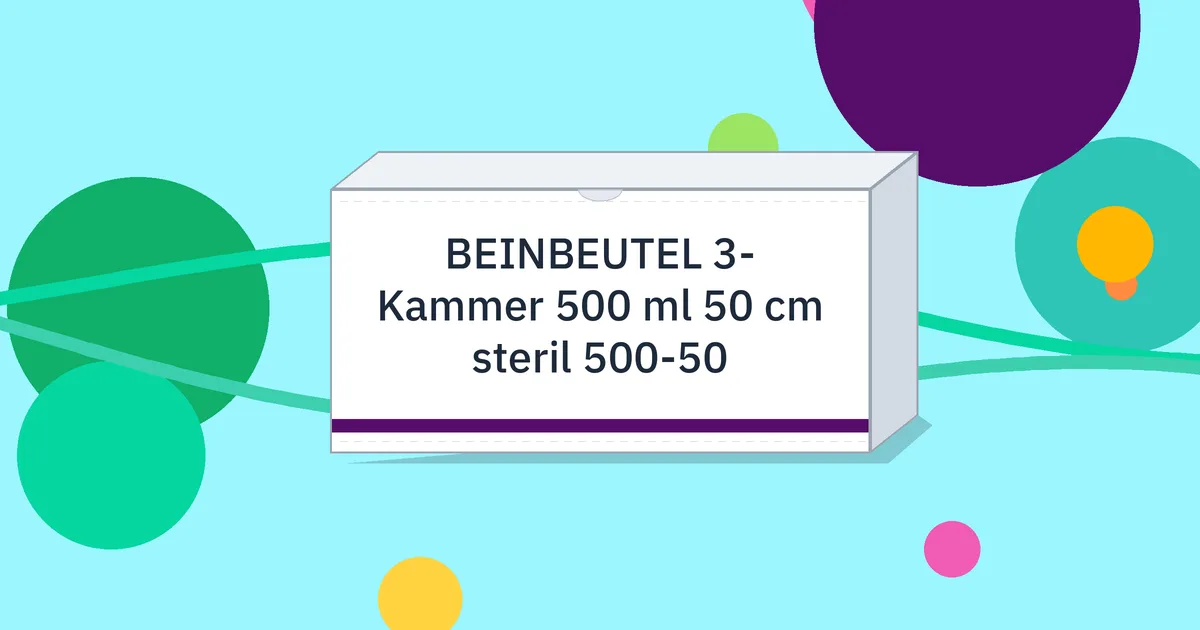 Symbolbild: Packung mit der Aufschrift BEINBEUTEL 3-Kammer 500 ml 50 cm steril 500-50 (PZN 09085009) – Verfügbarkeit und Bezug in Apotheken in Frankfurt am Main