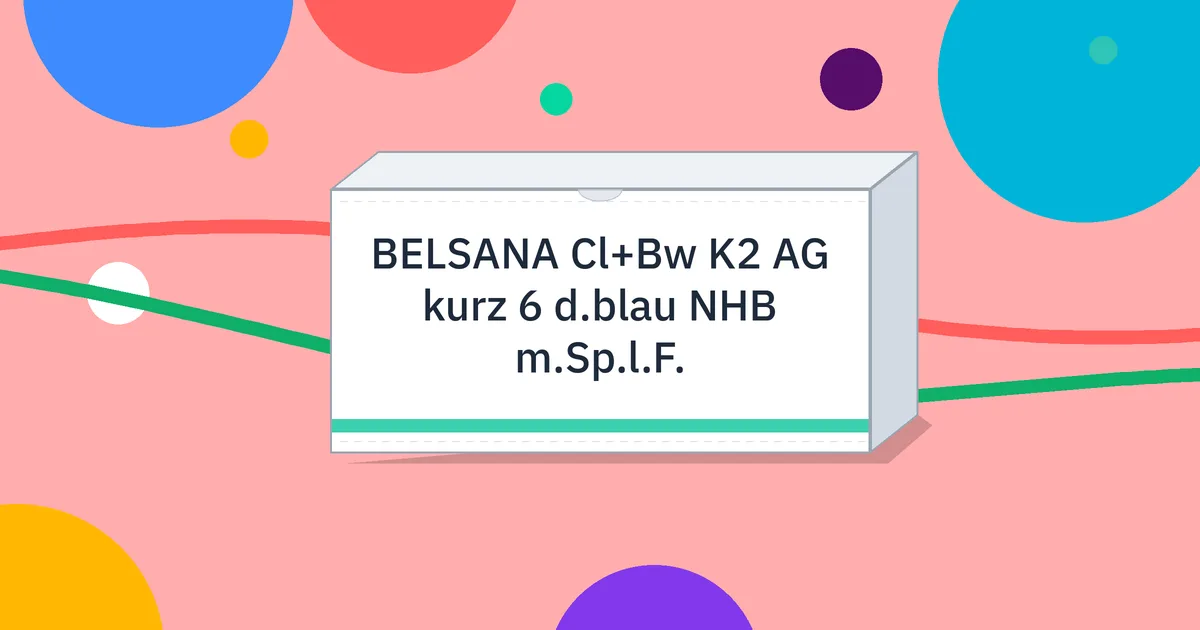 Symbolbild: Packung mit der Aufschrift BELSANA Cl+Bw K2 AG kurz 6 d.blau NHB m.Sp.l.F. (PZN 15627638) – Verfügbarkeit und Bezug in Apotheken in Frankfurt am Main