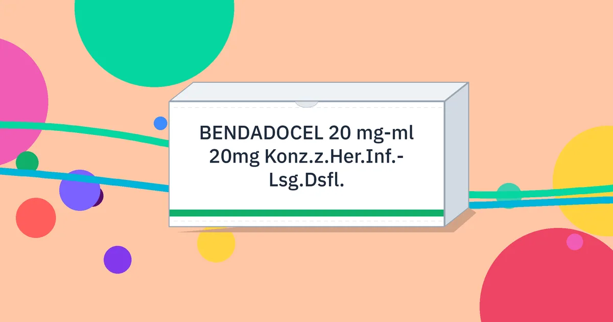 Symbolbild: Packung mit der Aufschrift BENDADOCEL 20 mg-ml 20mg Konz.z.Her.Inf.-Lsg.Dsfl. (PZN 08794494) – Verfügbarkeit und Bezug in Apotheken in Frankfurt am Main