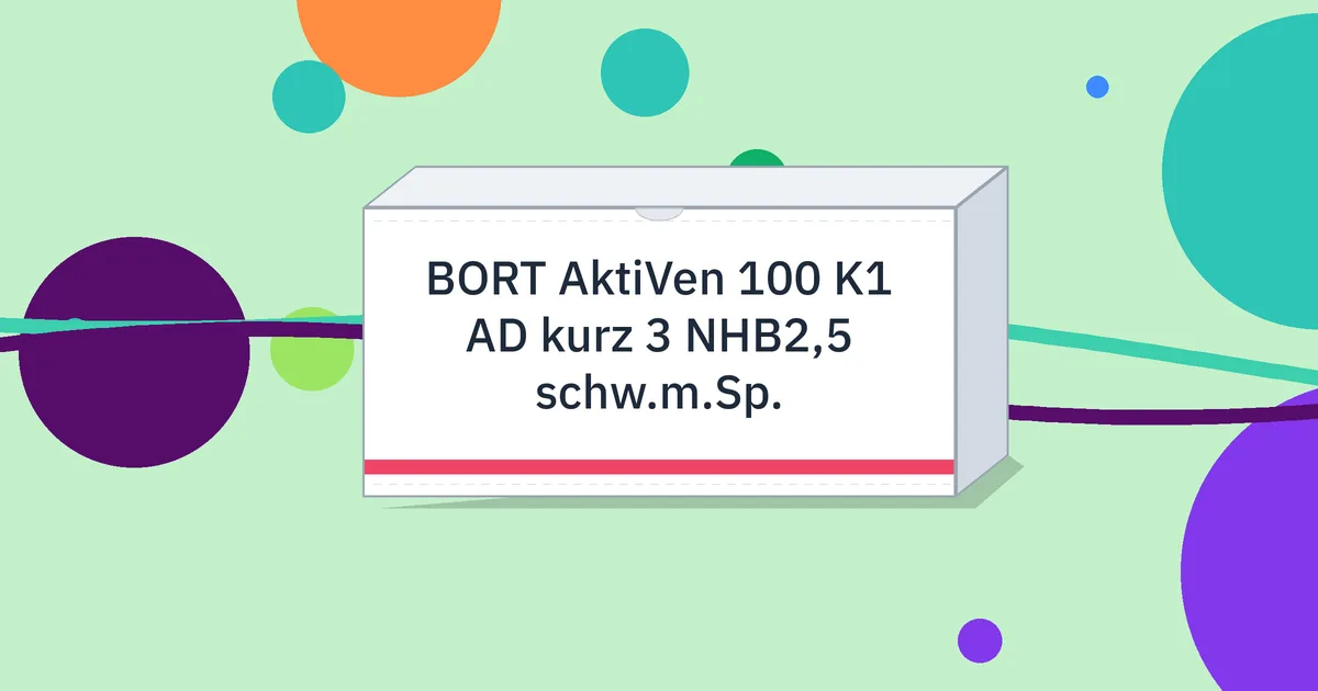 Symbolbild: Packung mit der Aufschrift BORT AktiVen 100 K1 AD kurz 3 NHB2,5 schw.m.Sp. (PZN 17502220) – Verfügbarkeit und Bezug in Apotheken in Frankfurt am Main