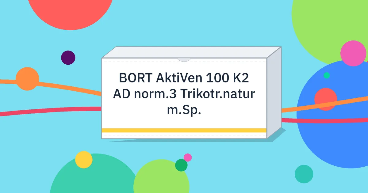 Symbolbild: Packung mit der Aufschrift BORT AktiVen 100 K2 AD norm.3 Trikotr.natur m.Sp. (PZN 13726460) – Verfügbarkeit und Bezug in Apotheken in Frankfurt am Main
