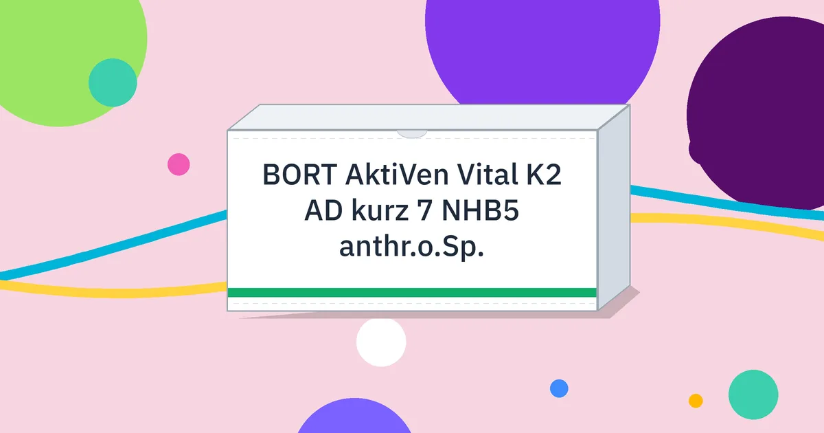 Symbolbild: Packung mit der Aufschrift BORT AktiVen Vital K2 AD kurz 7 NHB5 anthr.o.Sp. (PZN 17494957) – Verfügbarkeit und Bezug in Apotheken in Frankfurt am Main