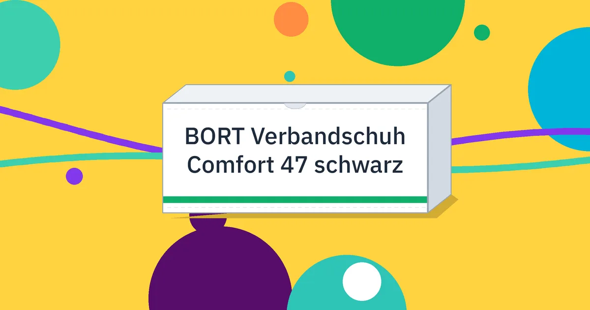 Symbolbild: Packung mit der Aufschrift BORT Verbandschuh Comfort 47 schwarz (PZN 17842714) – Verfügbarkeit und Bezug in Apotheken in Frankfurt am Main