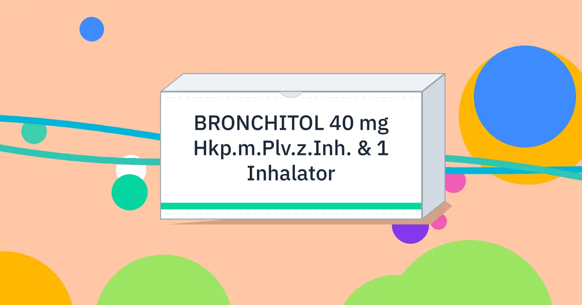 Symbolbild: Packung mit der Aufschrift BRONCHITOL 40 mg Hkp.m.Plv.z.Inh. & 1 Inhalator (PZN 08820369) – Verfügbarkeit und Bezug in Apotheken in Frankfurt am Main