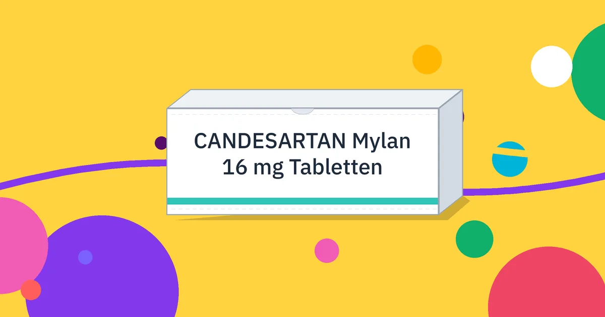 Symbolbild: Packung mit der Aufschrift CANDESARTAN Mylan 16 mg Tabletten (PZN 17629274) – Verfügbarkeit und Bezug in Apotheken in Frankfurt am Main