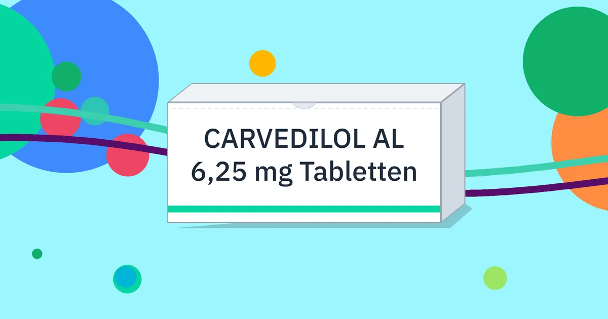 Symbolbild: Packung mit der Aufschrift CARVEDILOL AL 6,25 mg Tabletten (PZN 00643028) – Verfügbarkeit und Bezug in Apotheken in Frankfurt am Main