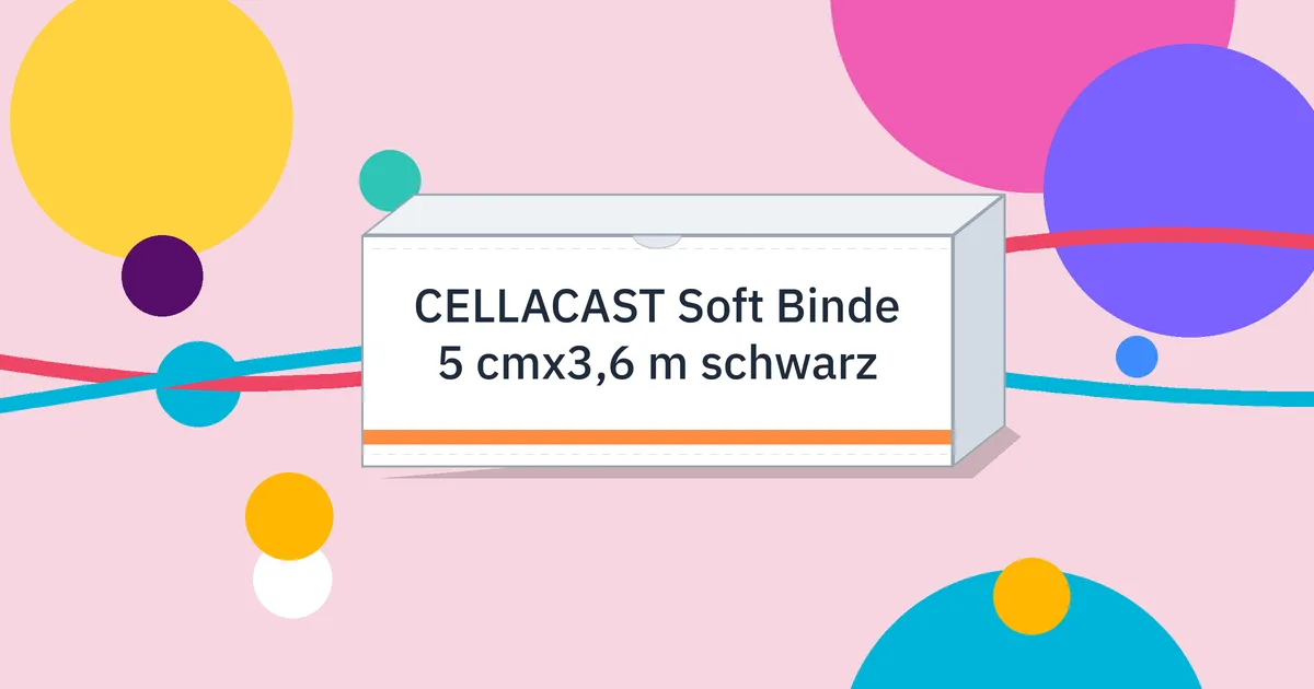 Symbolbild: Packung mit der Aufschrift CELLACAST Soft Binde 5 cmx3,6 m schwarz (PZN 14264599) – Verfügbarkeit und Bezug in Apotheken in Frankfurt am Main