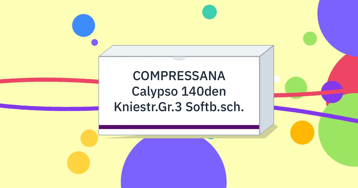 Symbolbild: Packung mit der Aufschrift COMPRESSANA Calypso 140den Kniestr.Gr.3 Softb.sch. (PZN 09076507) – Verfügbarkeit und Bezug in Apotheken in Frankfurt am Main